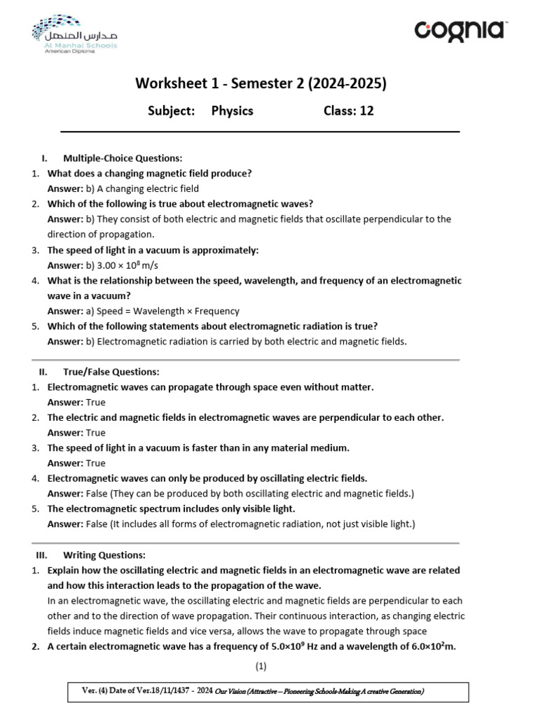 Physics Worksheet: Electromagnetic Waves | PDF | Waves ...