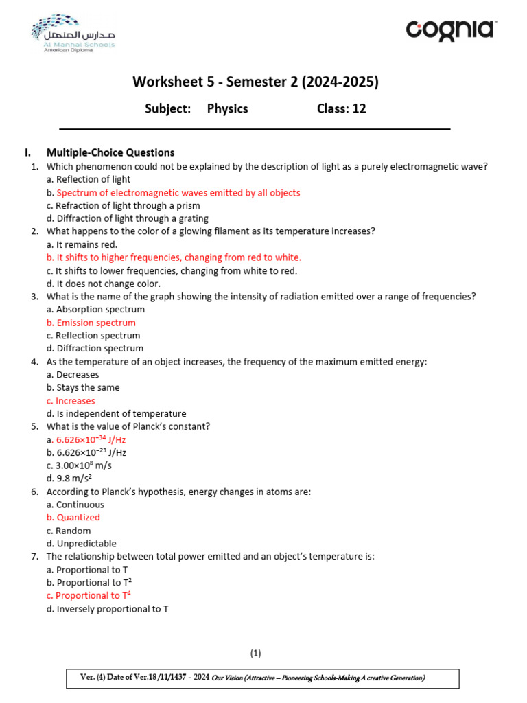 WORKSHEET No.5 Answers | PDF | Electromagnetic Radiation ...