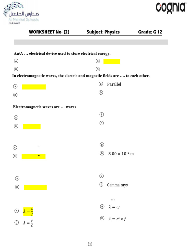 WORKSHEET No.2 Answers | PDF | Waves | Frequency