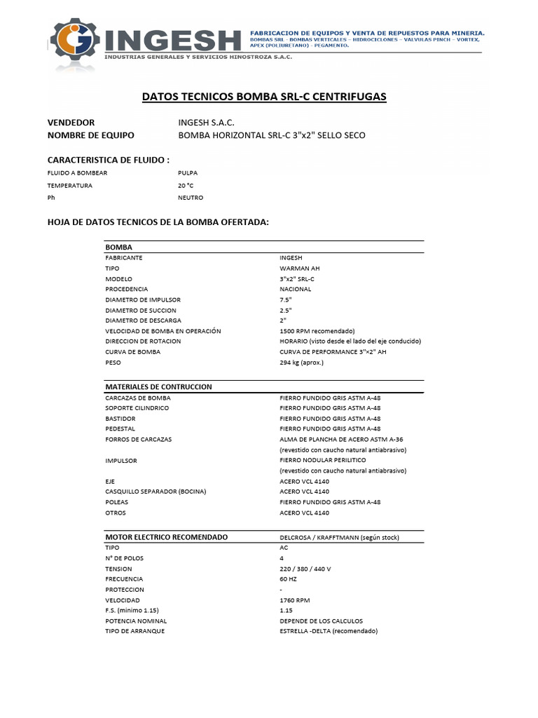 Bomba Horizontal SRL-C 3"x2" - Ing. H. | PDF
