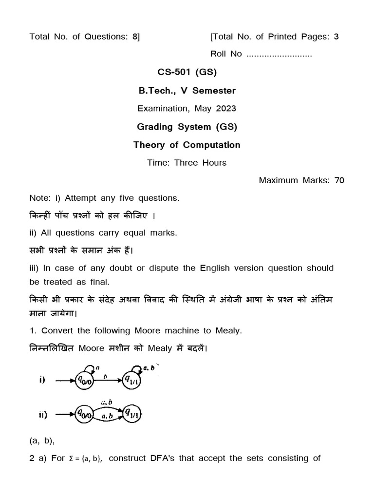 Cs 501 Theory of Computation May 2023 | PDF | Automata Theory | Metalogic