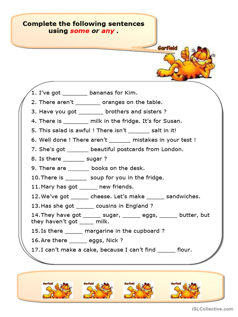 Fill-in-the-Blank Sentences: Some/Any | PDF