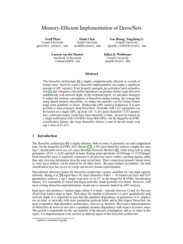 Memory-Efficient Implementation of DenseNets | PDF | Deep Learning | Applied Mathematics