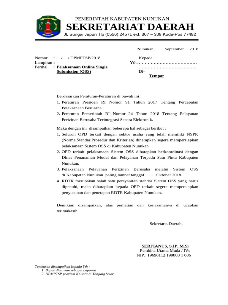 Surat Edaran Sekda (OSS) 2018 | PDF