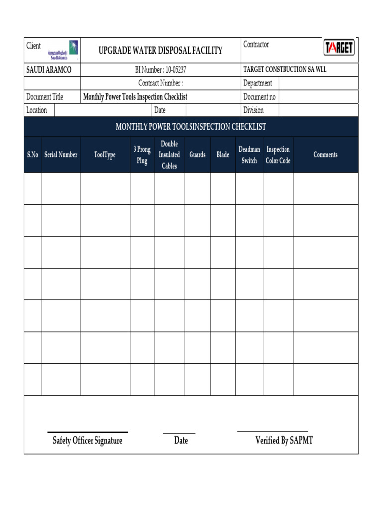 Power Tool Inspection Checklist (Monthly) | PDF