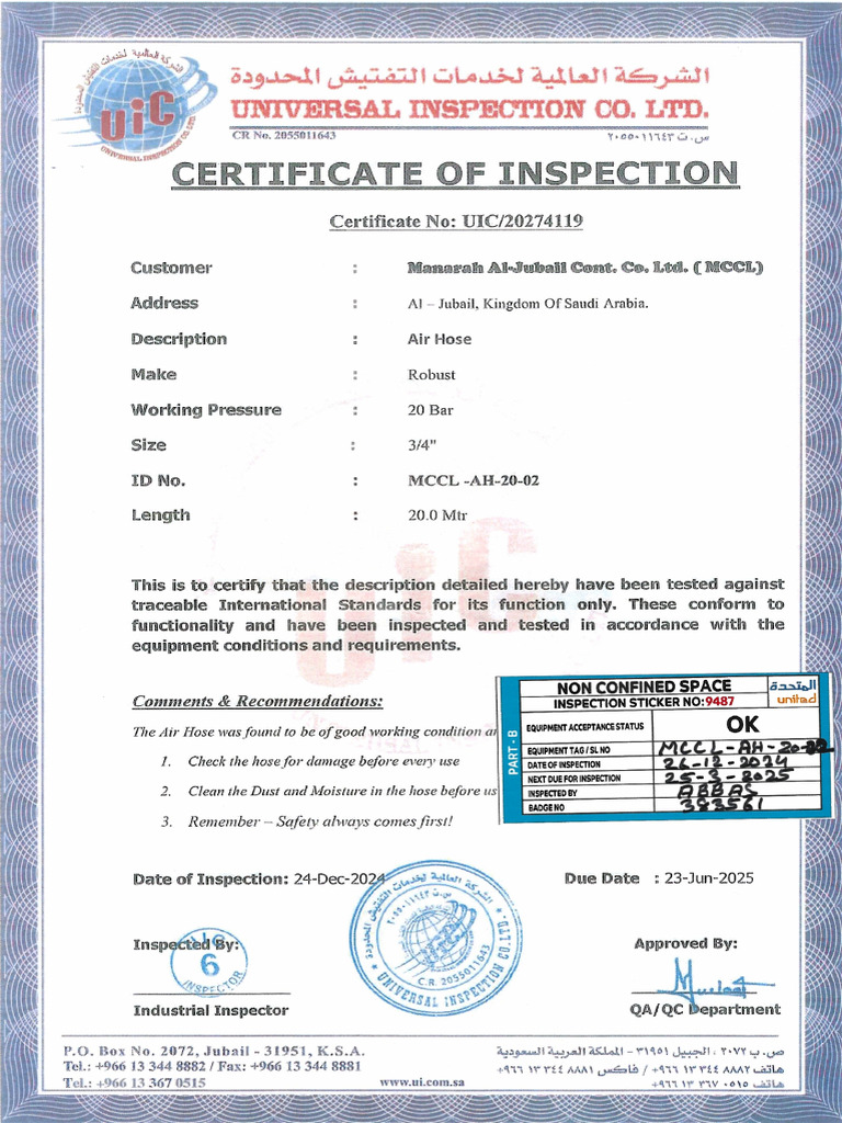 AIR HOSE INSPECTION STICKER | PDF
