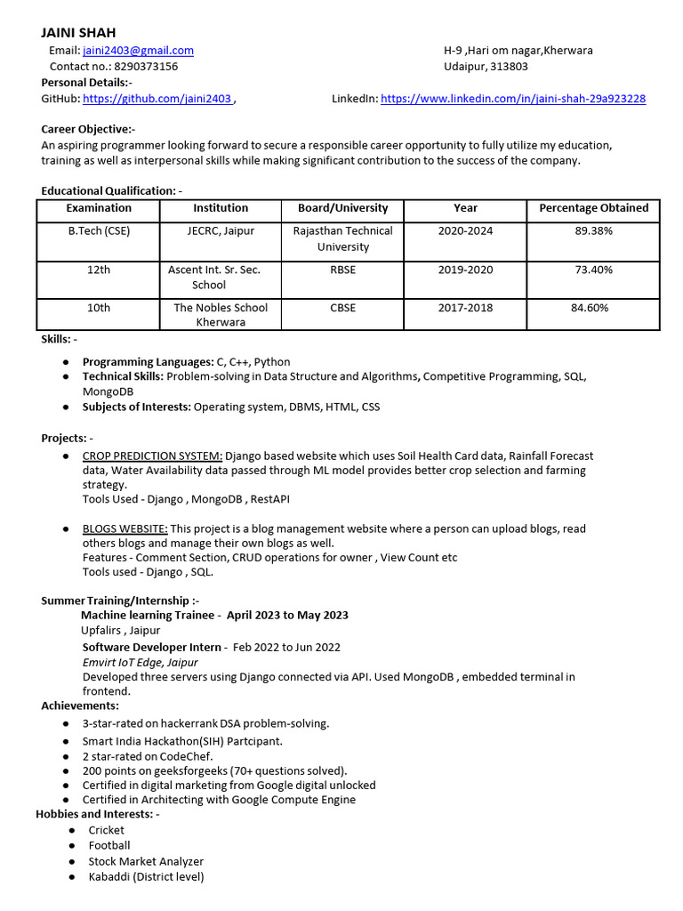 Jaini Shah Resume | PDF | Computer Programming | Information Technology Jaini Shah Resume | PDF | Computer Programming | Information Technology