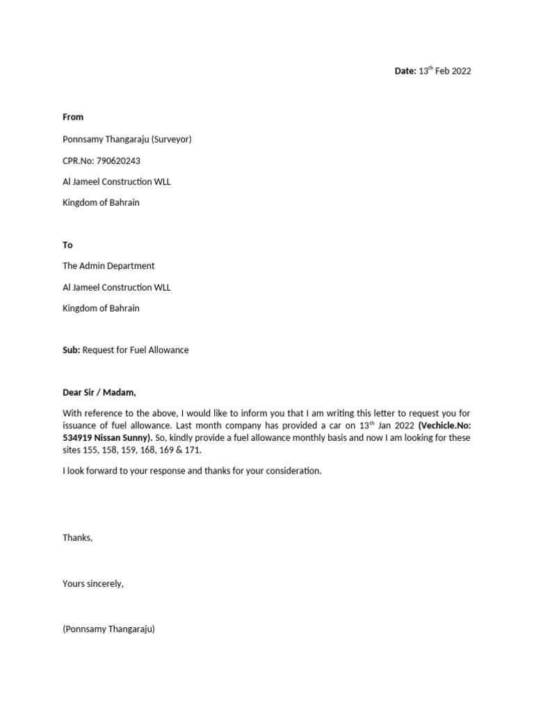 Fuel Allowance Request | PDF