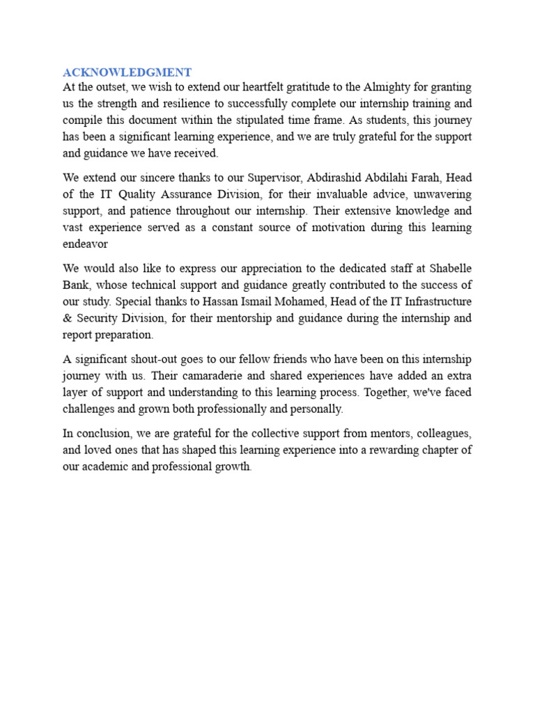 Shabelle Bank Internship Report | PDF | Local Area Network | Computing