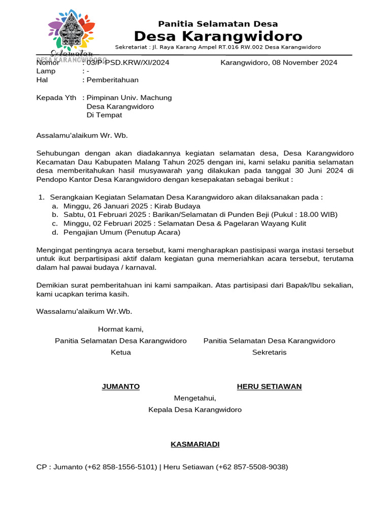 Pemberitahuan Selamatan Desa Karangwidoro | PDF