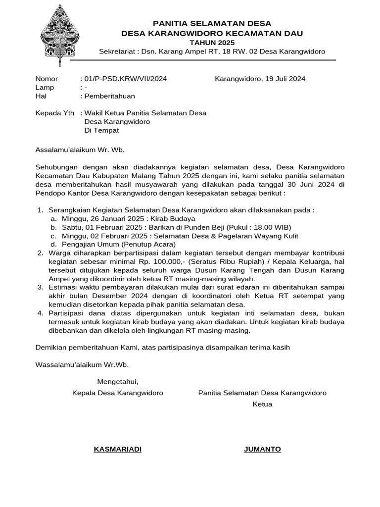 Pemberitahuan Selamatan Desa Karangwidoro | PDF