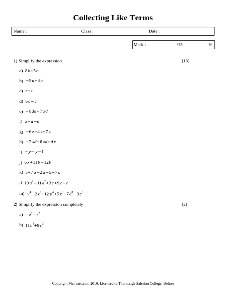 Collecting Like Terms - 3 | PDF