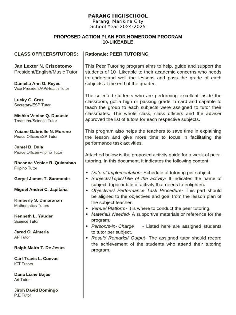 Peer Tutoring Action Plan 2024-2025 | PDF | Trigonometric Functions ...