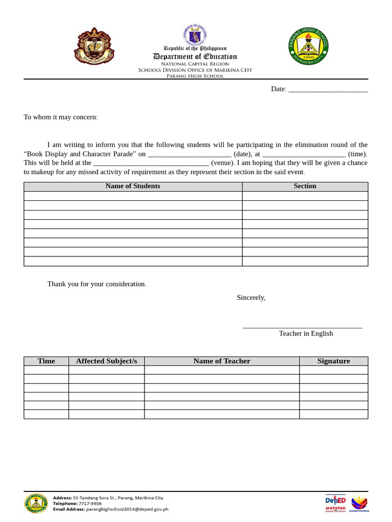 Parental Consent Excuse Form Book Display and Character Parade | PDF