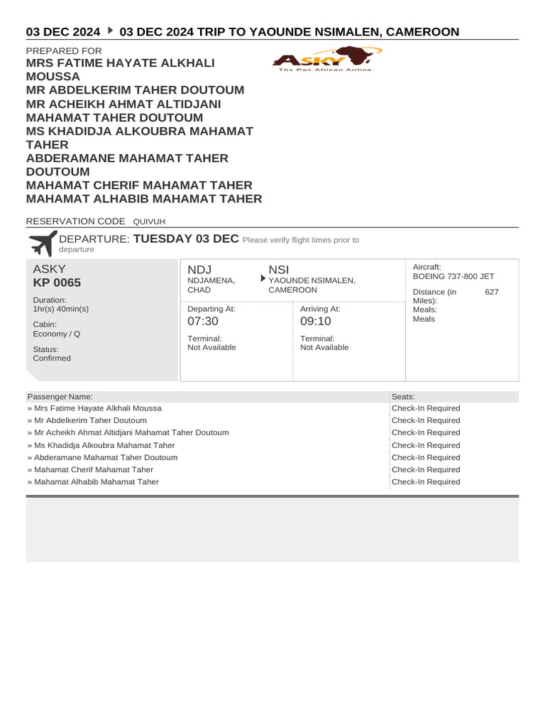 Travel Reservation December 03 For Mrs Fatime Hayate Alkhali Moussa | PDF