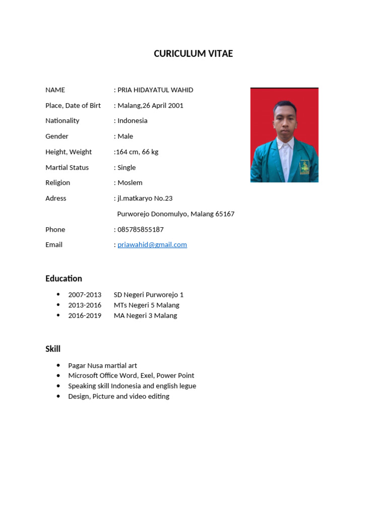 CV Pria Hidaytul Wahid 2185202028 | PDF