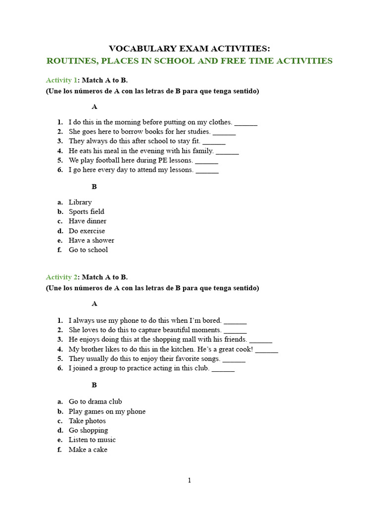 Vocabulary Exam Activities - Routines, Places in School and Free-Time ...
