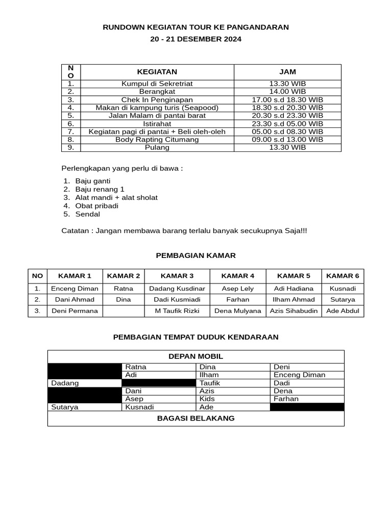 Rundown Kegiatan Tour Ke Pangandaran | PDF