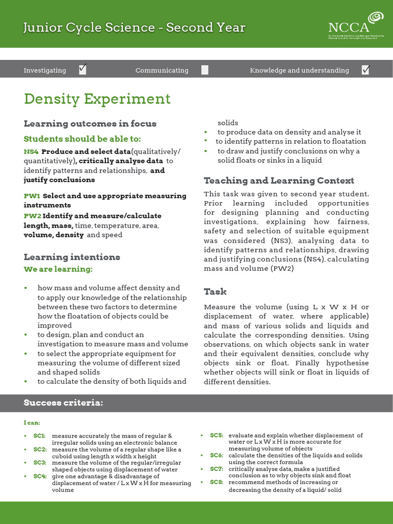 Junior-Cycle-Science-First-Year-Density-2 | PDF | Density | Volume