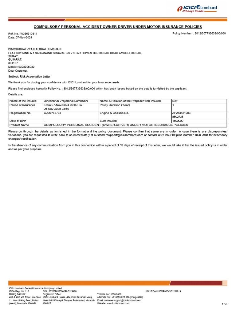 icici statment | PDF | Insurance | Vehicle Insurance