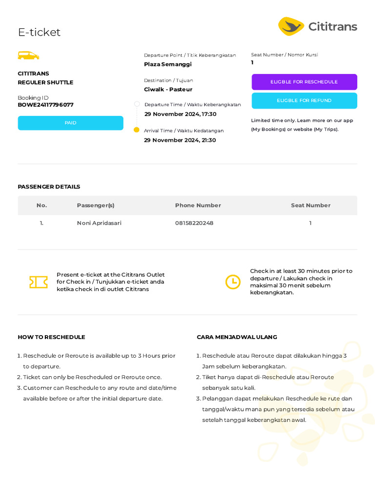 E-Tiket Shuttle Cititrans | PDF