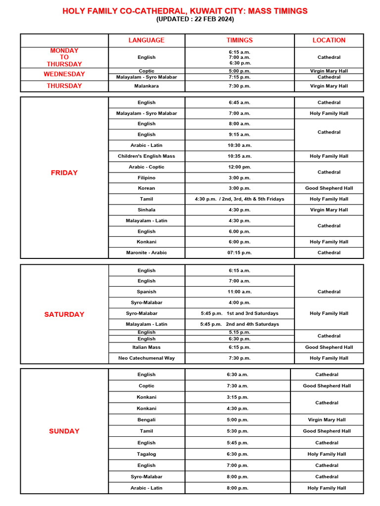 Mass Schedule Old - HFC | PDF