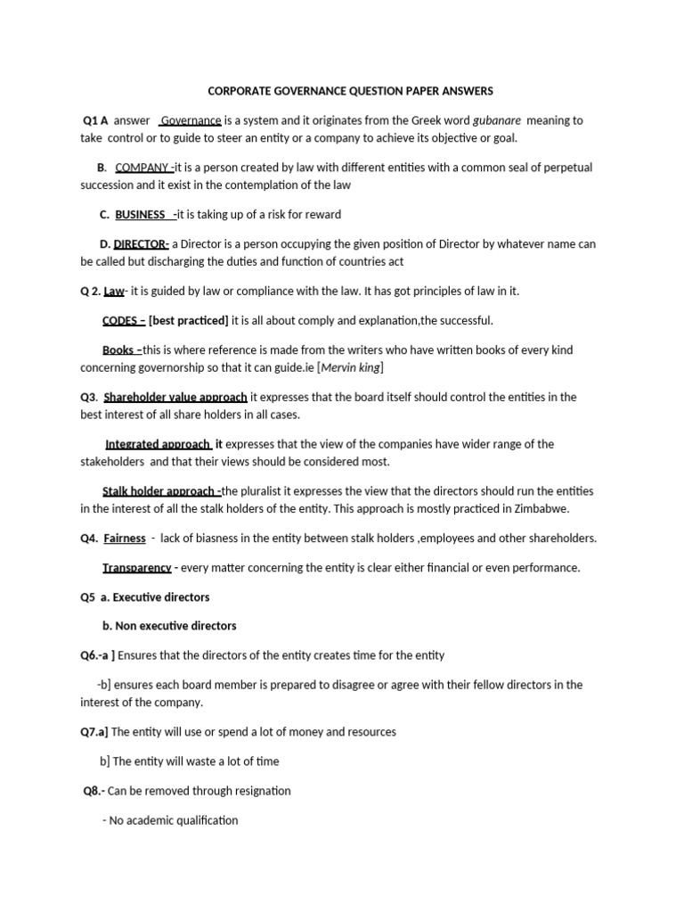 Corporate Governance Question Papers Answers | PDF | Corporate Governance | Governance