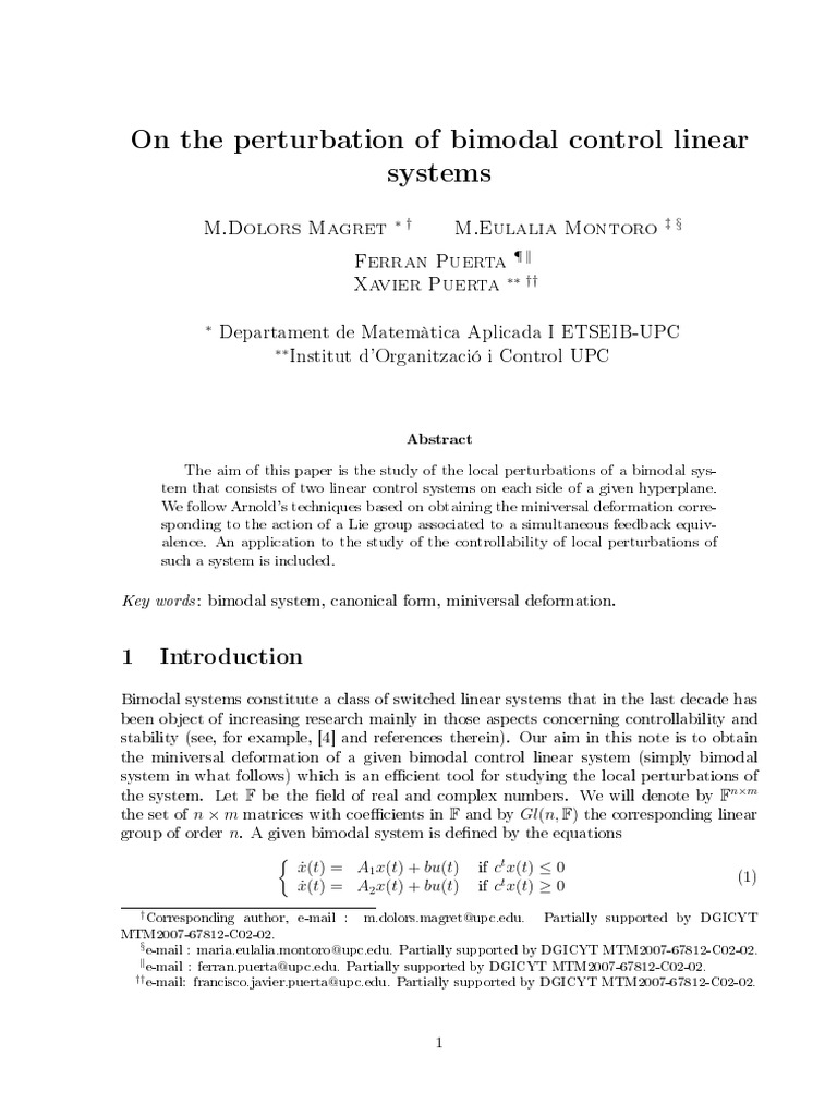 On The Perturbation Of Bimodal Control Linear Systems Pdf Matrix Mathematics Determinant 5326