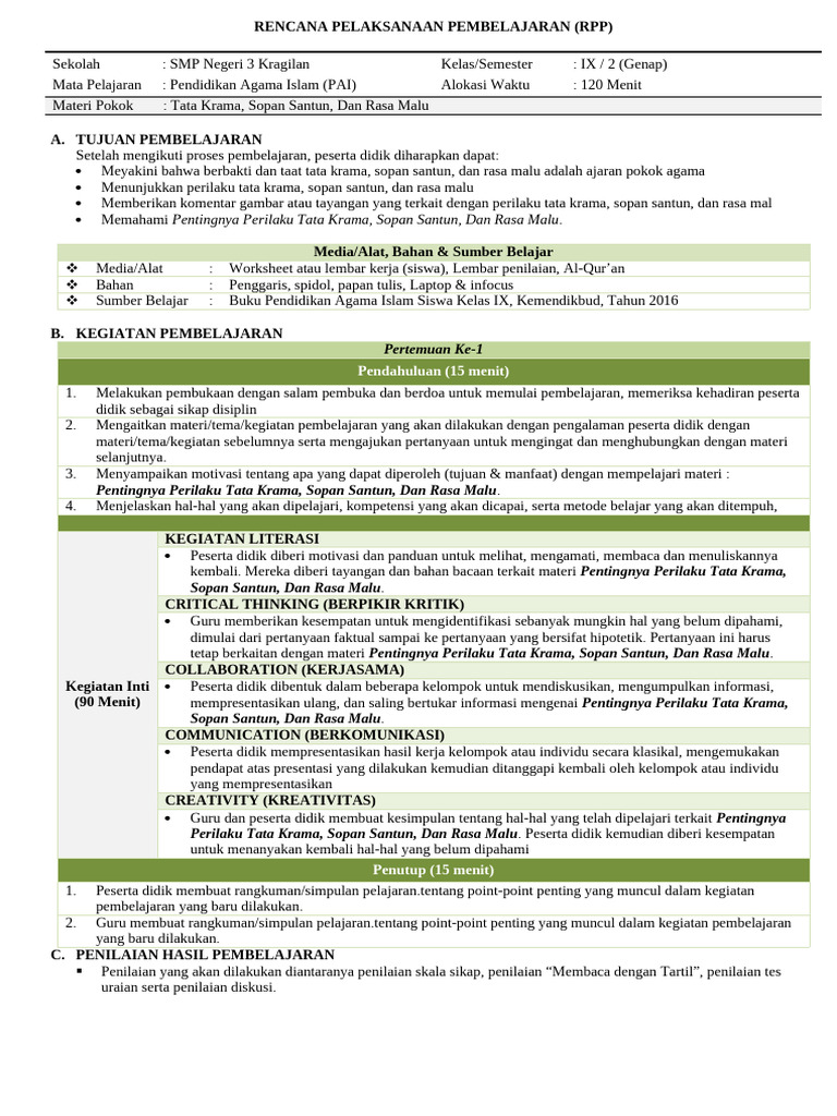 7.1 RPP I PAI Kelas 9 Tatakrama, Sopan Dan Malu | PDF