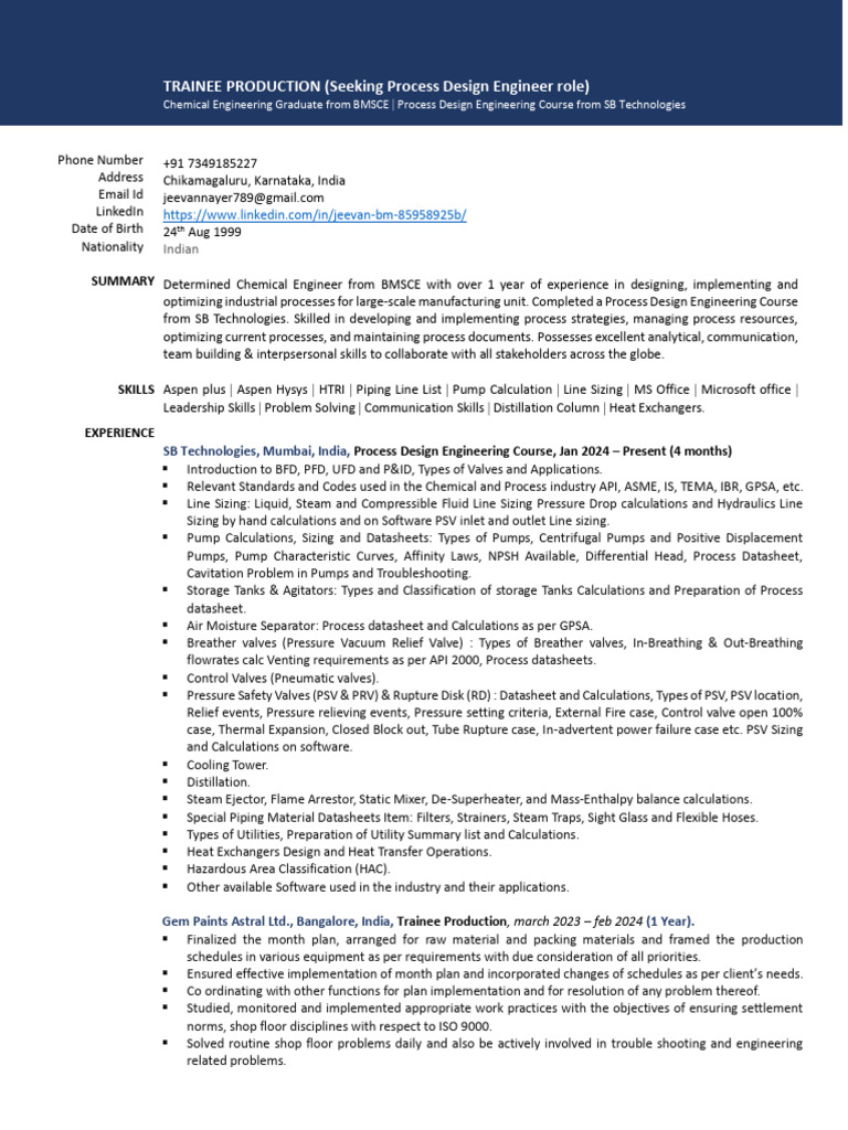jeevan.cv | PDF | Pump | Heat Exchanger