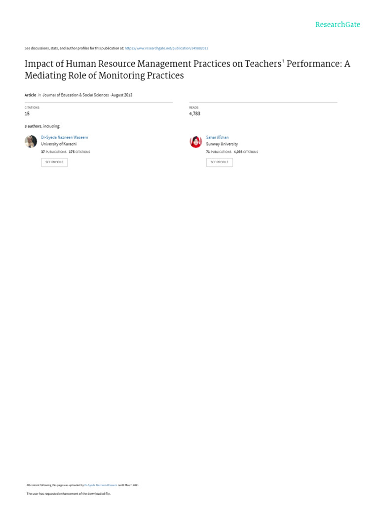 Mpact Of Human Resource Management Practices On Teachers Performance A Mediating Role Of