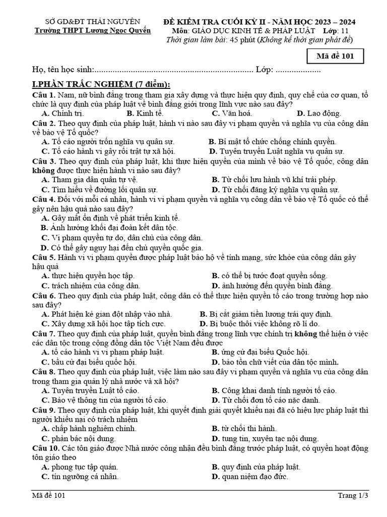 De Cuoi Ky 2 GDKTPL 11 Nam 2023 2024 Truong THPT Luong Ngoc Quyen Thai Nguyen | PDF