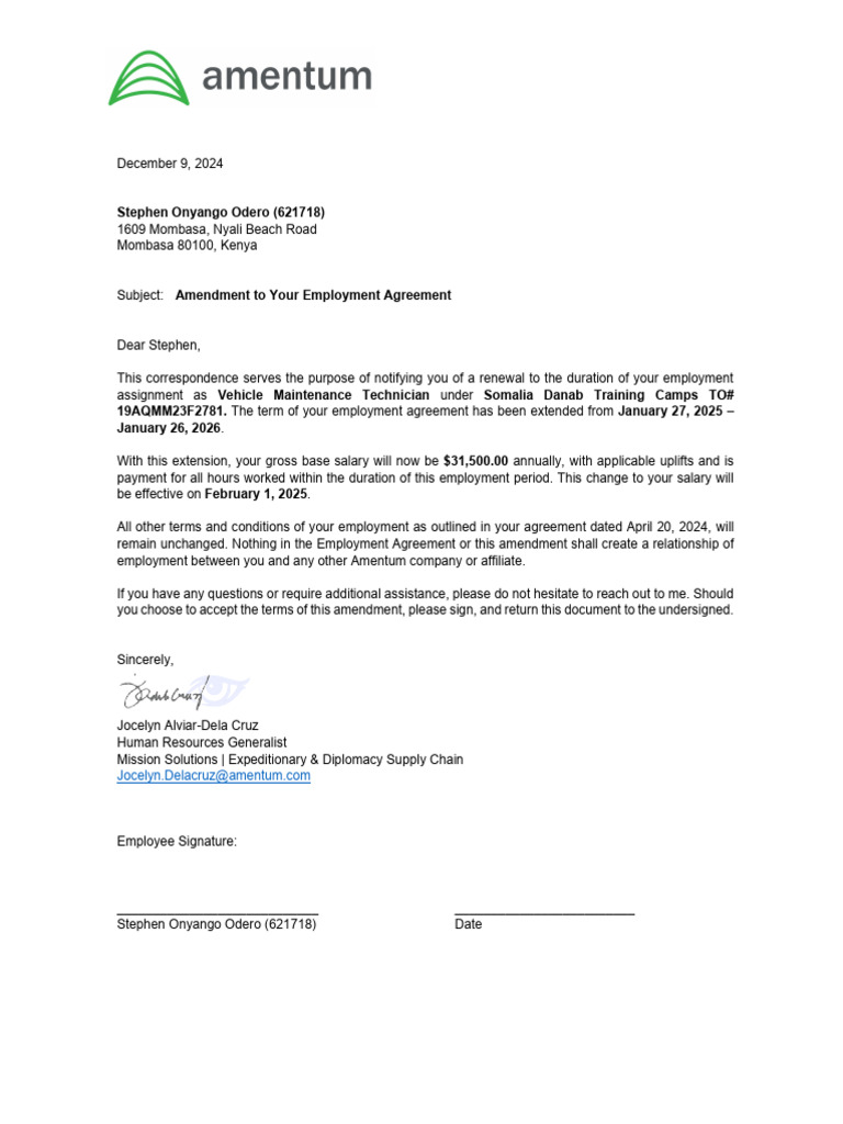 Stephen Odero (621718) - Amendment to Employment Agreement | PDF