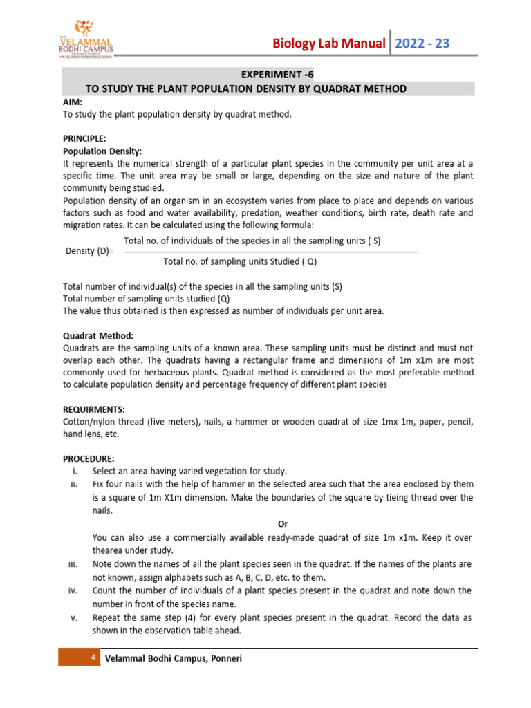 Experiment -6 Study the Plant Population Density by Quadrat Method ...