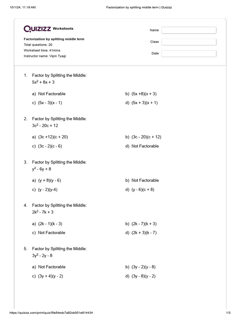 g10 Factorization by Splitting Middle Term _ Quizizz | PDF
