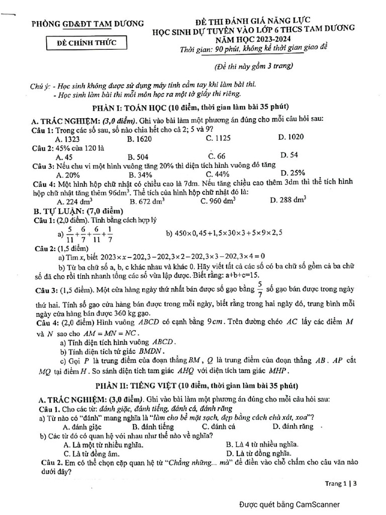 Đề thi + đáp án vào lớp 6 THCS Tam Dương 2023 | PDF
