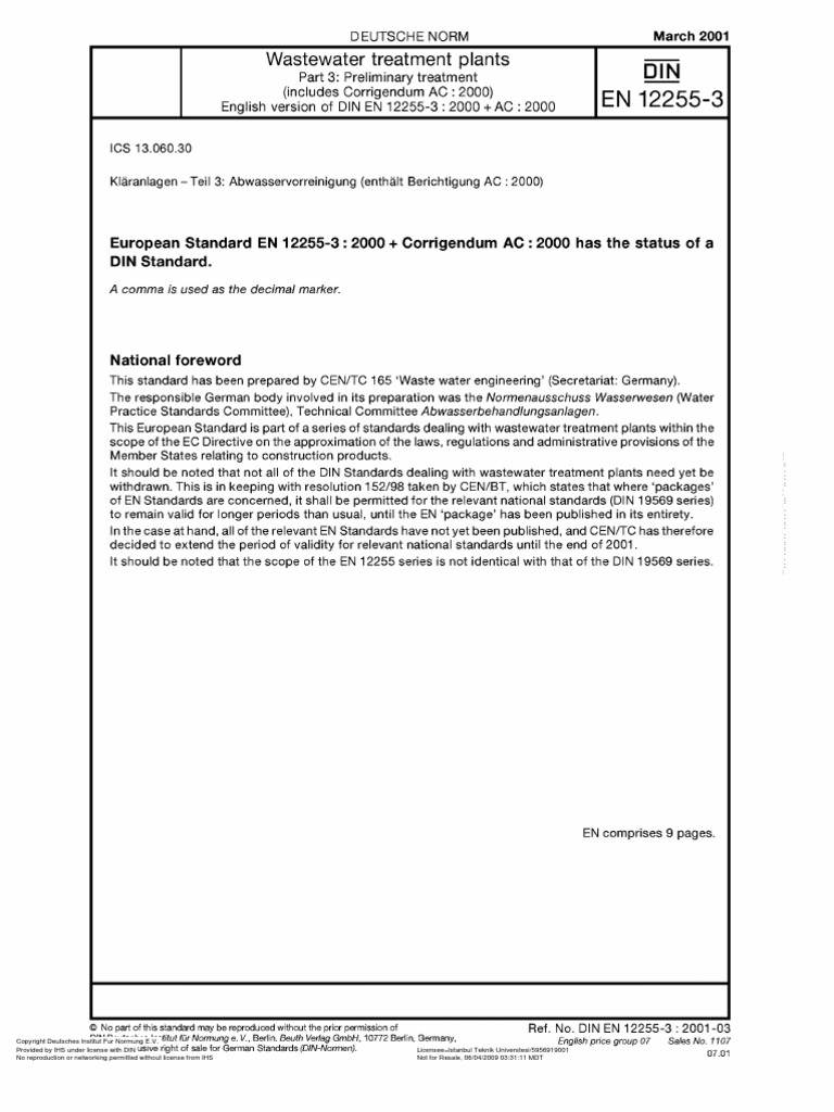 DIN en 12255-3 - Waste Water Treatment Plants - Part 3 Preliminary ...