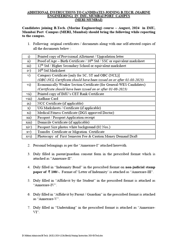 Joining Instruction B.tech. (ME) 2024 | PDF