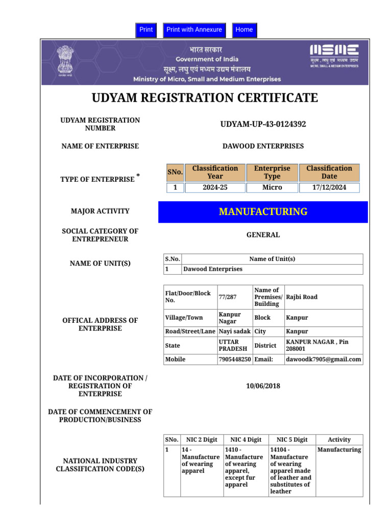 Print _ Udyam Registration Certificate (1) | PDF