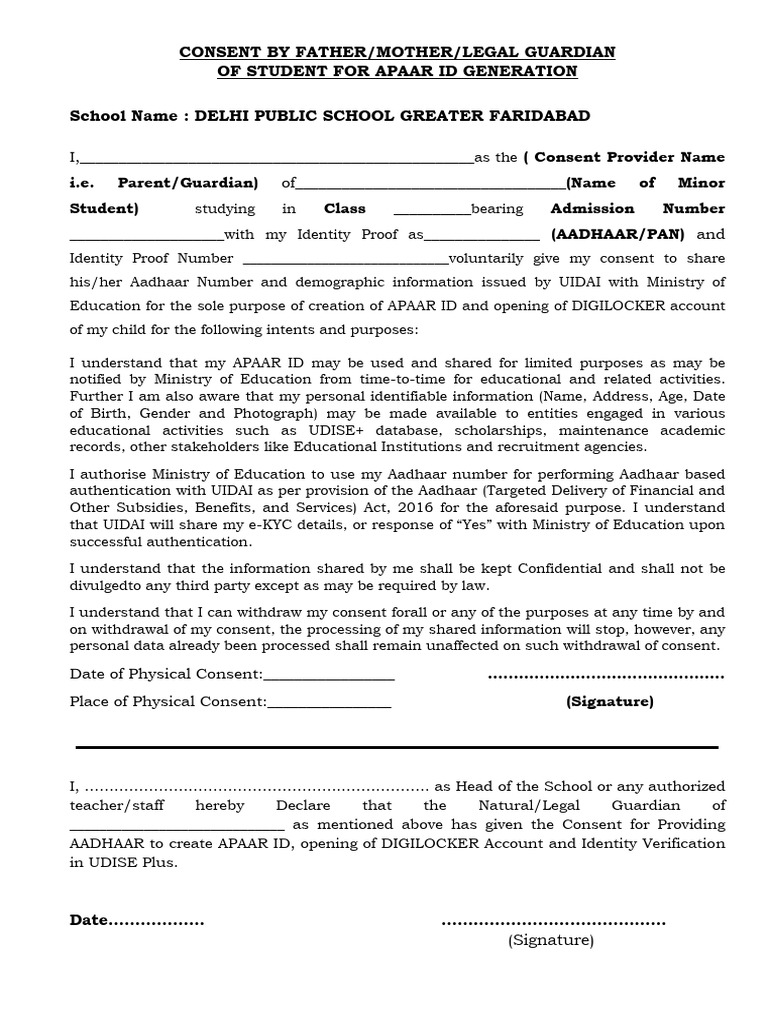 Consent Form For - APAAR ID Generation | PDF | Privacy | Justice