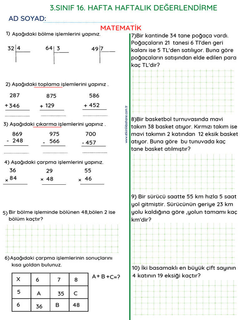 3.sinif Haftalik Degerlendirme 16 | PDF