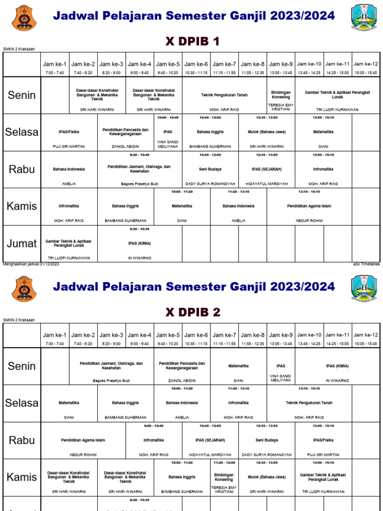 (Jadwal Kelas) - Genap 2023.2024 | PDF