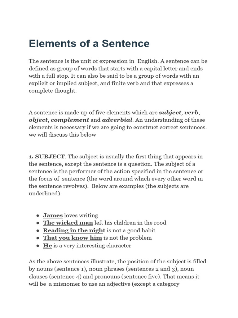 Elements of a Sentence | PDF | Verb | Subject (Grammar)