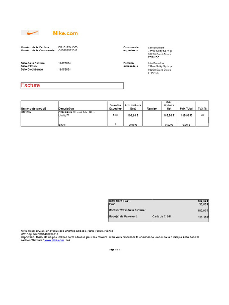 Facture Nike.com | PDF