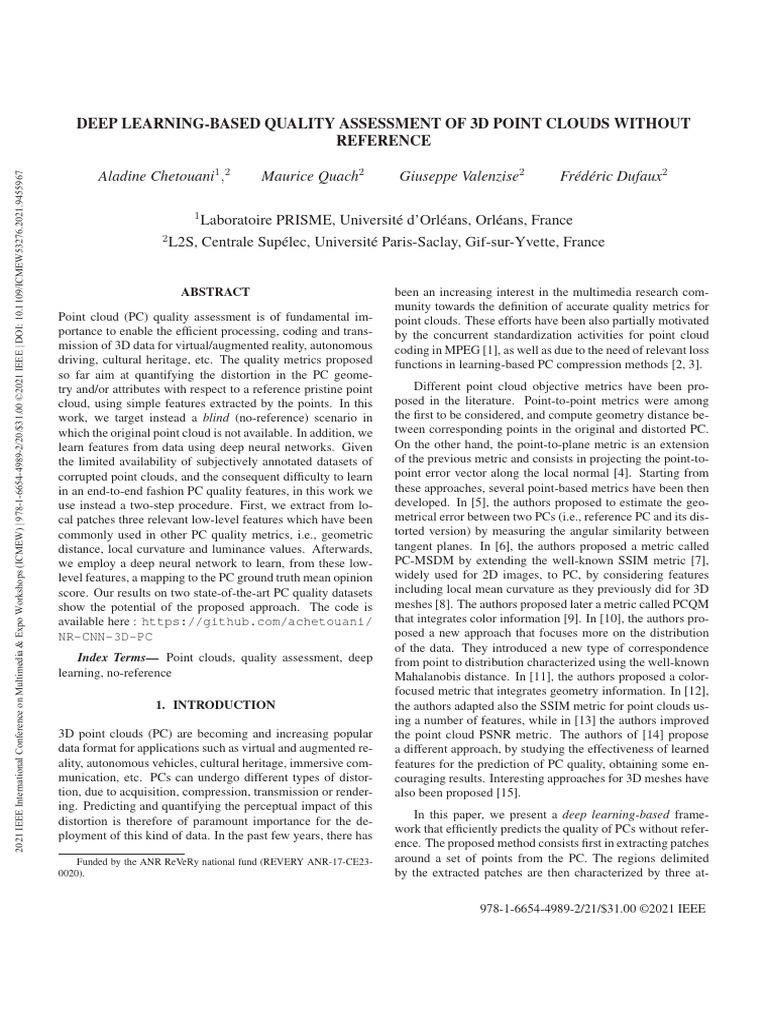 Deep Learning-Based Quality Assessment of 3d Point Clouds Without Reference | PDF | Applied ...