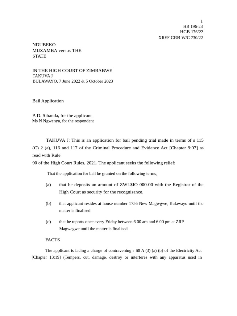 S V Muzamba (Criminal Application) 2023 ZWBHC 17 (5 October 2023) | PDF | Bail | Criminal ...