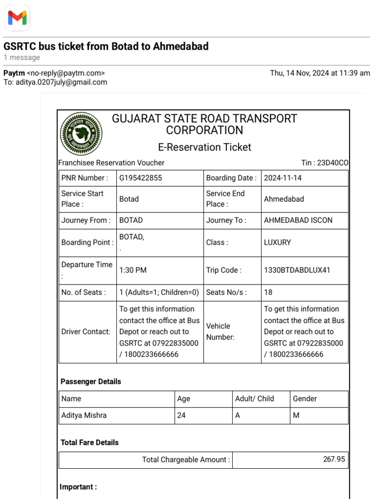Ahmedabad Bus Ticket Details | PDF | Bus | Land Transport