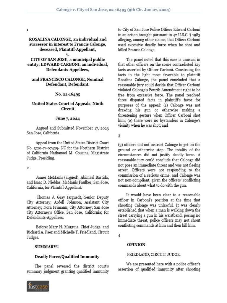 Calonge V City of San Jose 2216495 9th Cir Jun 07 2024 | PDF | Qualified Immunity | Fourth ...