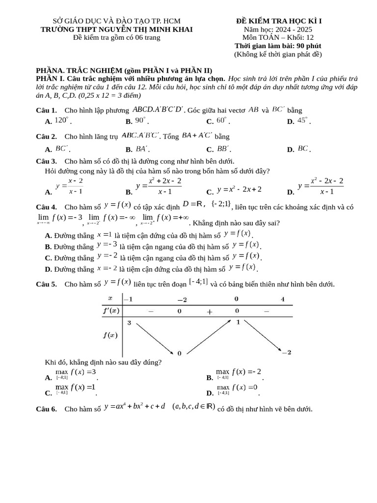 De Kiem Tra Hki-2024-2025 Truong THPT Nguyen Thi Minh Khai | PDF