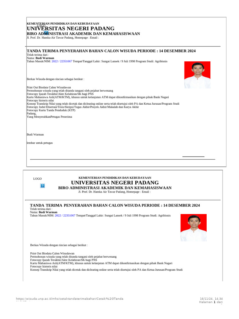 Tanda Terima Berkas Wisuda UNP 2024 | PDF
